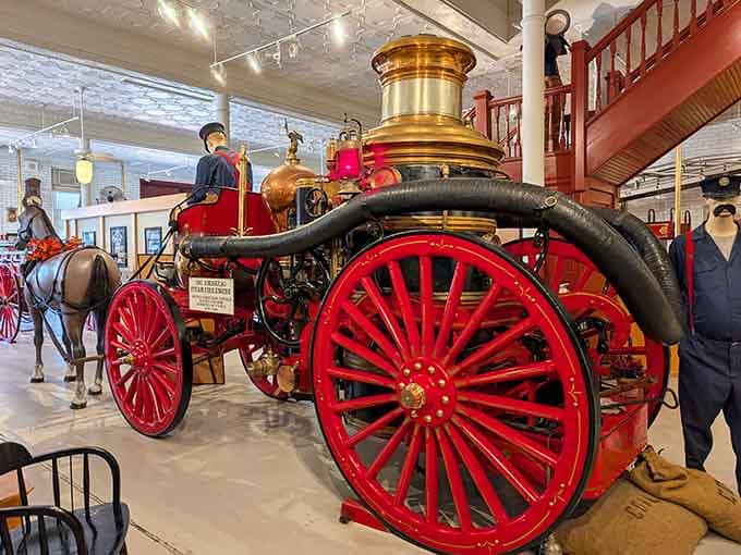 The brass and steel of this steam pumper shine like new, proving craftsmanship never goes out of style.