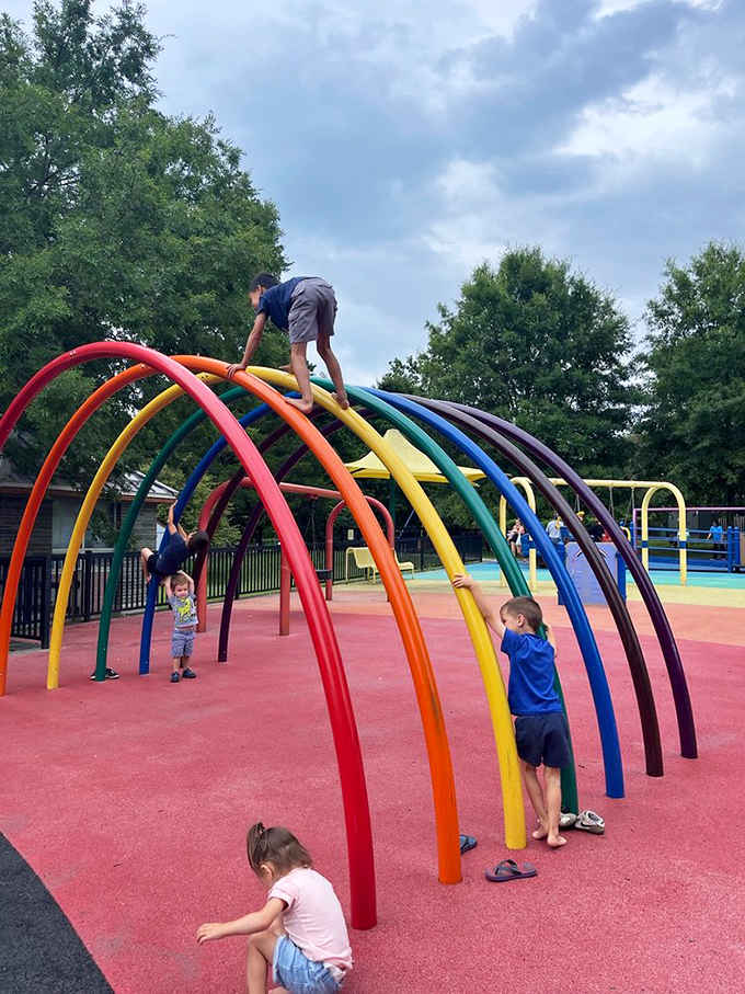 Rainbow arches become monkey bars, climbing challenges, and architectural wonders all at once for adventurous kids.