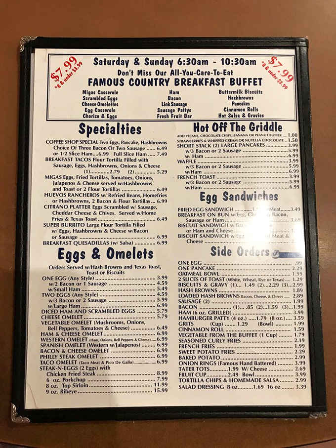 This menu reads like a love letter to classic American breakfast, with portions that would make your grandmother proud.