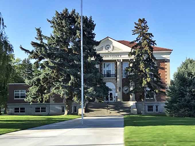 The Big Horn County Courthouse commands respect with its classical architecture and perfectly manicured lawn.