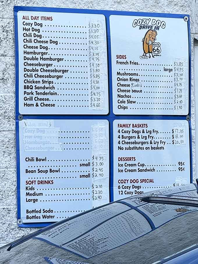 The menu proves simplicity wins: corn dogs, burgers, and sides that haven't changed because they never needed to.