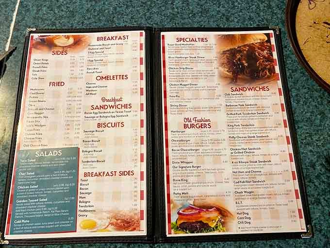 From breakfast biscuits to old-fashioned burgers, this menu reads like America's greatest hits on laminated paper.