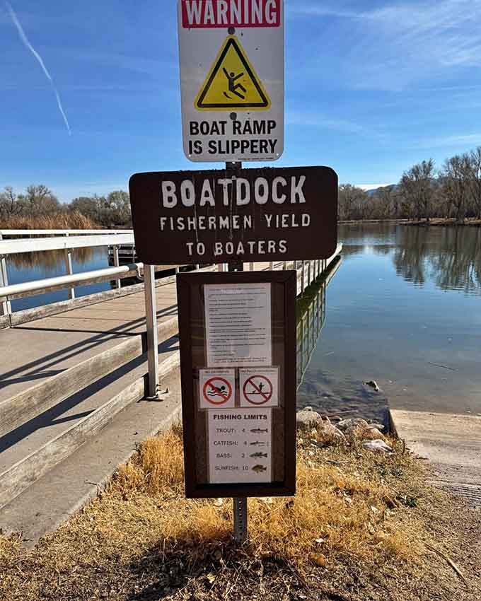 Even the warning signs here are polite, gently reminding you that physics still applies near water.