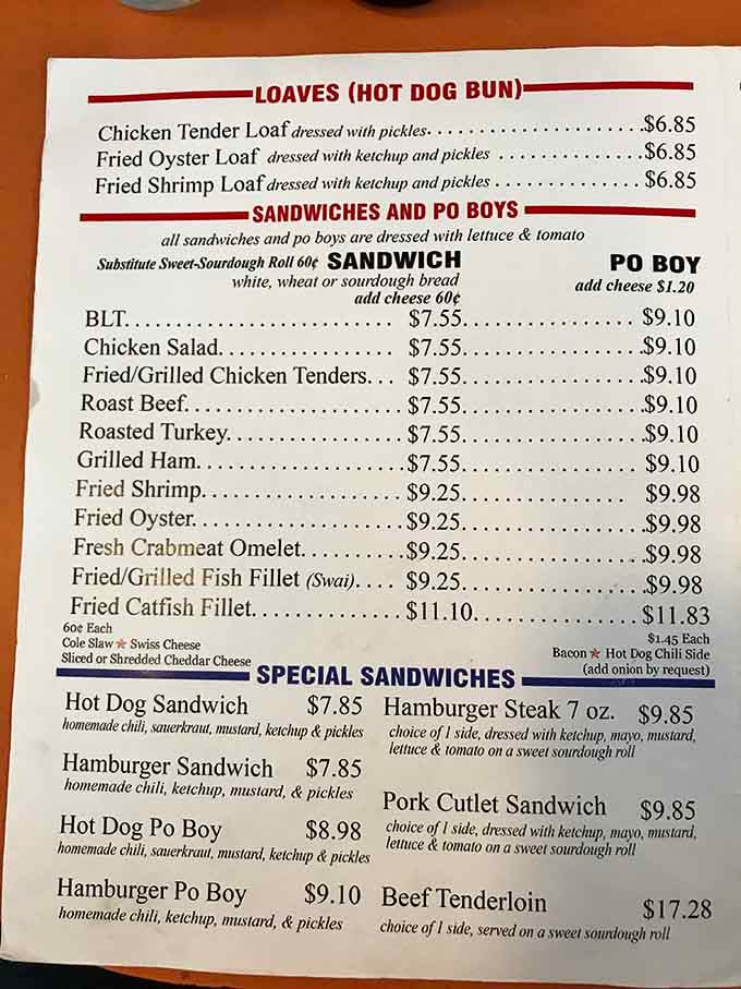 This menu reads like a love letter to Southern comfort food, where po'boys meet burgers in beautiful harmony.