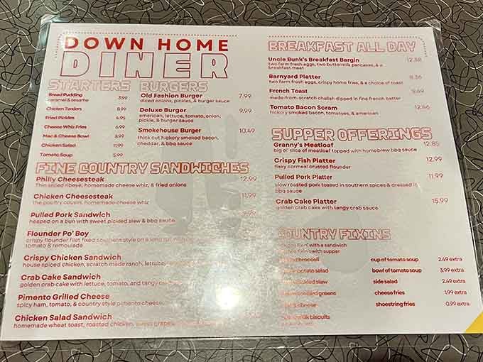 The menu promises Southern comfort from breakfast through dinner, all served with that down-home hospitality you crave.