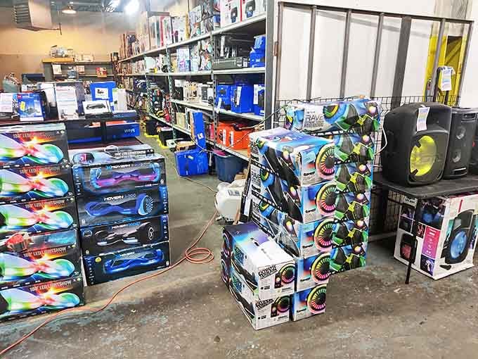 A technicolor explosion of speakers and gadgets creates a DJ's dream landscape. That bass isn't going to boost itself, folks!