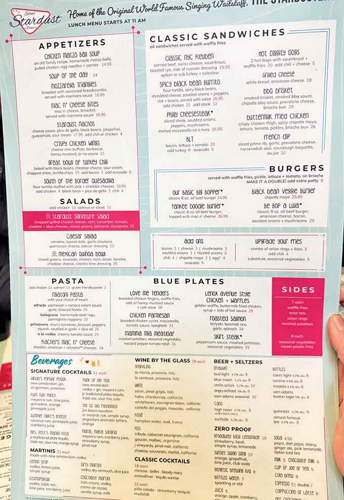 Classic diner comfort meets theatrical flair on this menu, where even the sandwich names deserve their own spotlight.