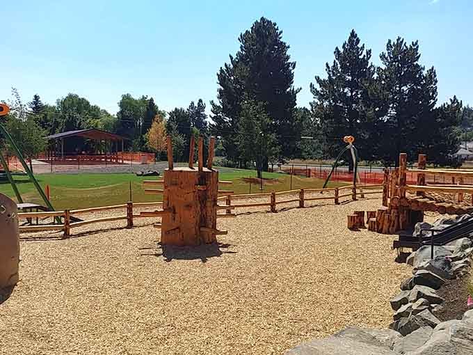 At Eulalona Park, wooden play structures invite both the young and young-at-heart to reconnect with simpler pleasures.