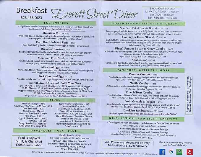 This menu reads like a love letter to breakfast, offering everything from Mountain Man platters to lighter fare options.