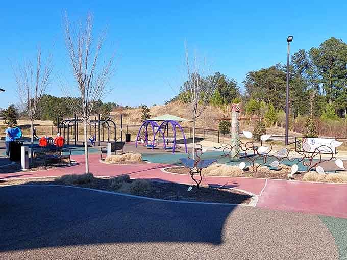 Multiple play zones mean kids can choose their own adventure while parents choose their favorite bench.