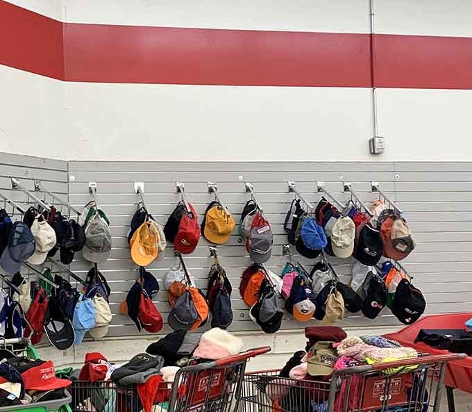 A rainbow of backpacks hanging like art installations, each one ready to carry someone's next adventure across town.