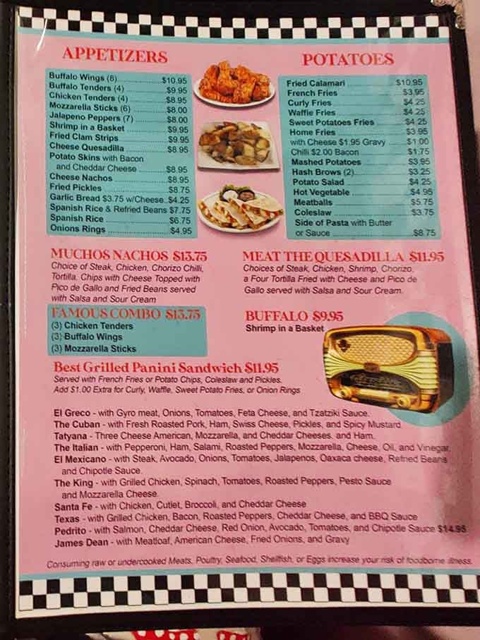 This menu proves that sometimes the best decisions in life involve choosing between mozzarella sticks and buffalo wings.