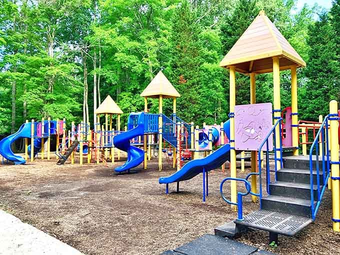 Grandkids visiting? This colorful playground at Finch Park offers hours of entertainment without the admission fees of commercial amusement parks.
