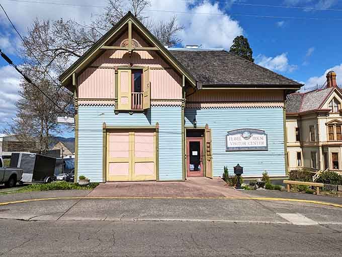 The visitor center proves even the carriage house had better style than most people's actual houses, painted in cheerful pastels.