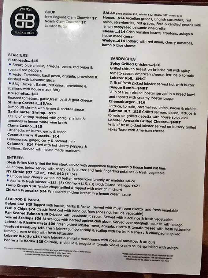 This menu reads like a love letter to Connecticut's coastline, with lobster appearing more than your favorite relative.