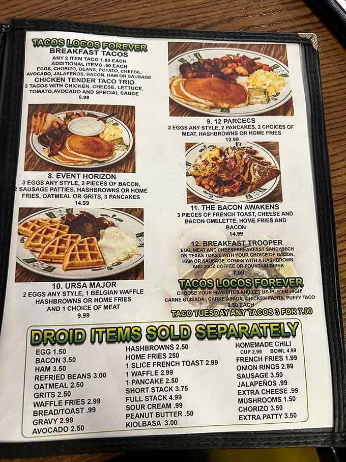 The menu reads like a love letter to both Star Wars and Texas breakfast traditions, perfectly united.