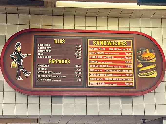 When a menu board features burnt ends this prominently, you know they understand barbecue priorities perfectly.