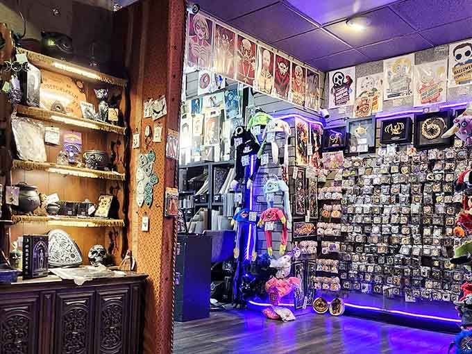 Purple lighting and vintage horror posters create an atmosphere that's part museum, part fever dream, all fantastic.