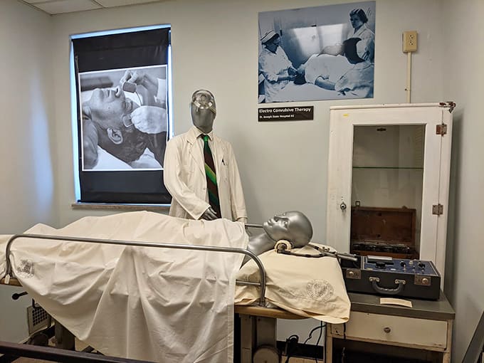 The electroconvulsive therapy exhibit features equipment that makes modern medical devices look positively futuristic by comparison.