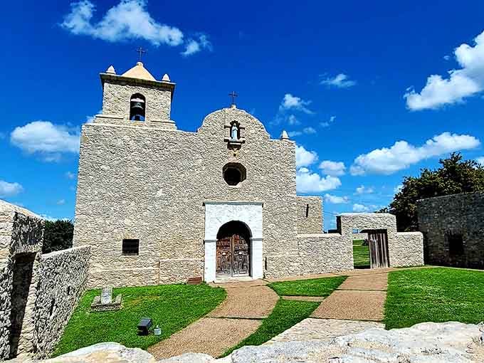 Mission architecture meets Texas sky in this beautifully preserved chapel that still serves its original purpose today.