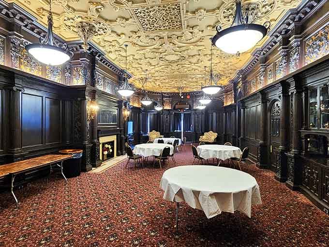 The Great Hall's ornate ceiling proves that "over the top" was just getting started in gilded age design.