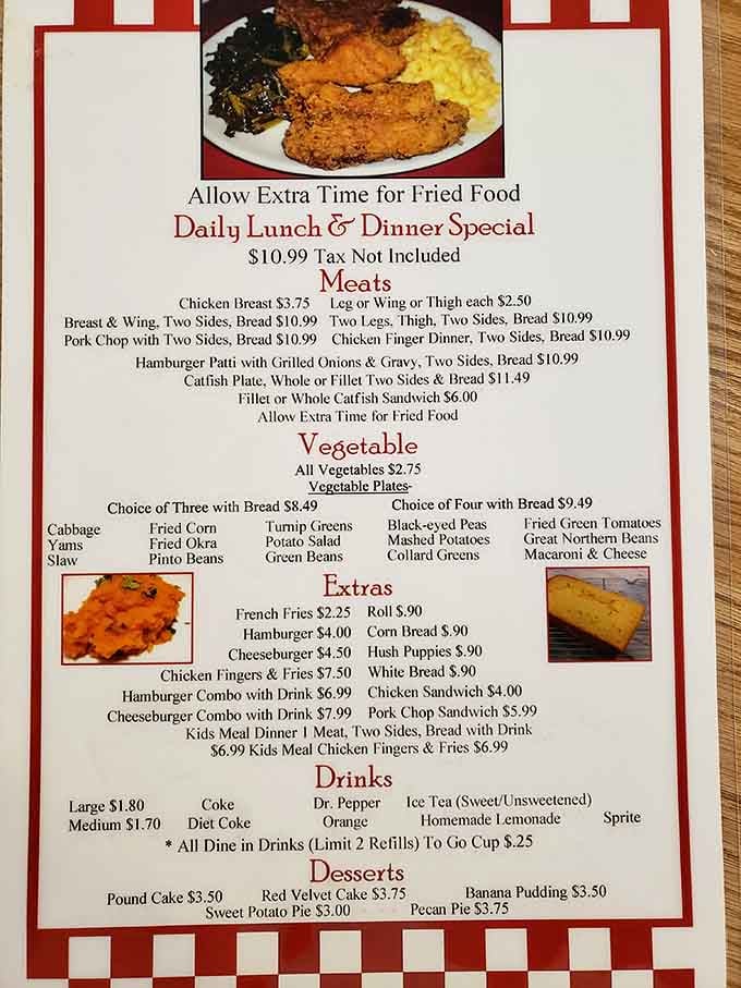 This menu reads like your grandmother's greatest hits, from fried chicken to catfish, with sides that deserve their own fan club.