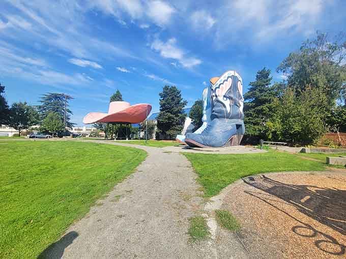The pathway leads you on a journey through one of the most delightfully bizarre parks you'll ever visit.