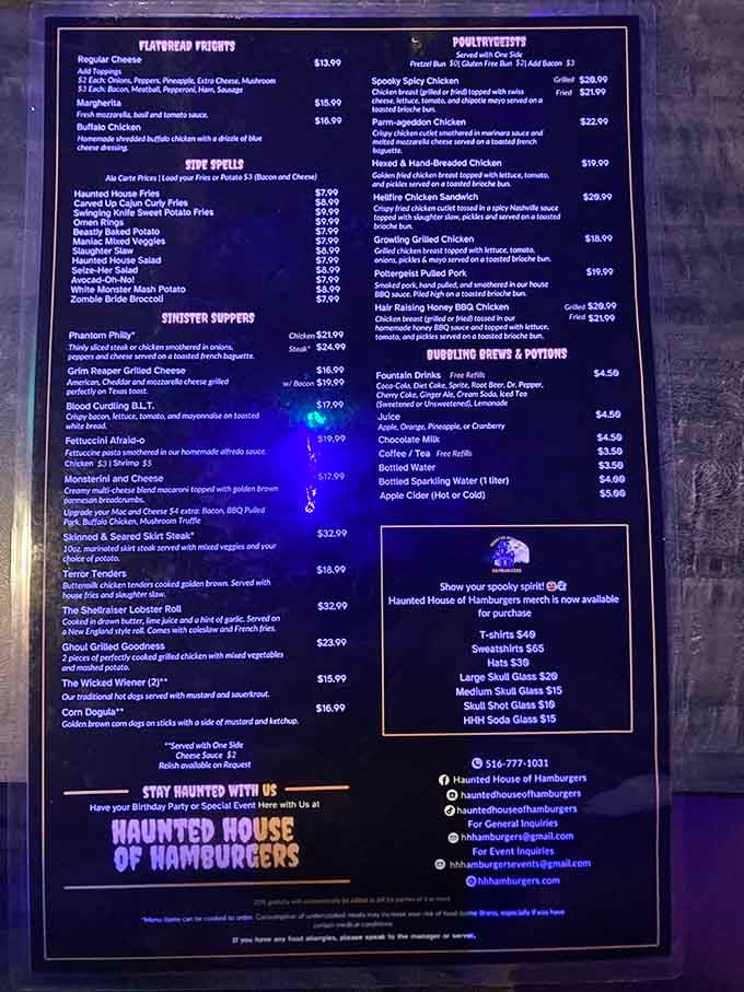 This menu reads like a Halloween party invitation, with creative names that make ordering half the fun of eating.