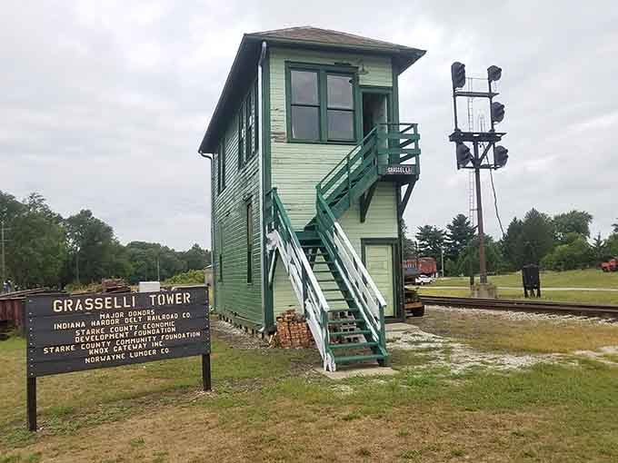 The mint-green Grasselli Tower stands sentinel over the tracks, a reminder of when human hands, not computers, controlled the flow of rail traffic.