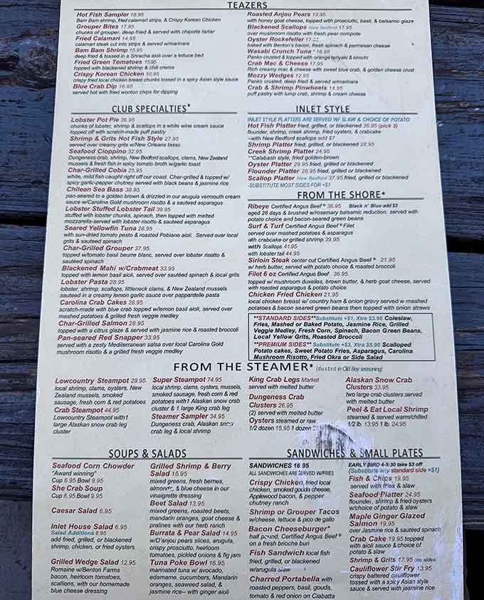 This menu reads like a greatest hits album of coastal Carolina cuisine, and every track is a banger.