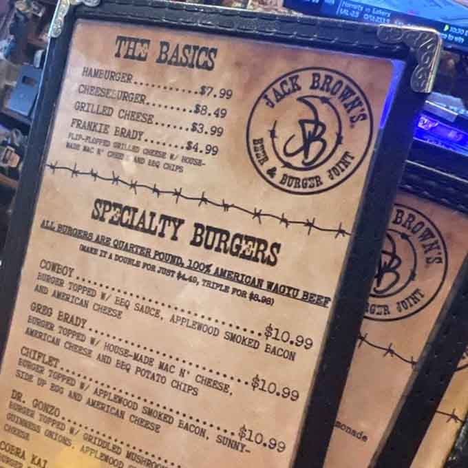 The menu at Jack Brown's reads like a greatest hits album of burger creativity and deliciousness.