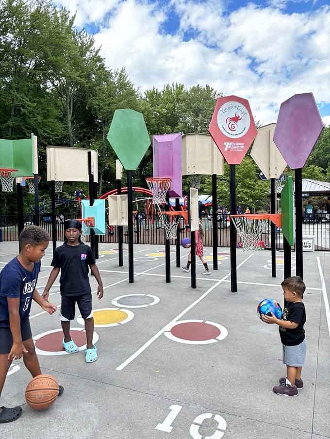 Multi-height hoops mean everyone gets their basketball moment, from tiny tots to aspiring NBA stars in training.