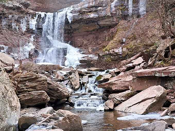 Ice transforms the lower cascade into a frozen sculpture garden that Mother Nature spent all winter perfecting.