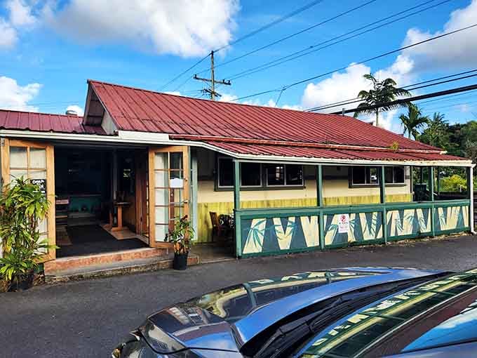 Red tin roofs and weathered wood &ndash; this classic Puna-style building has likely witnessed its fair share of volcanic drama.