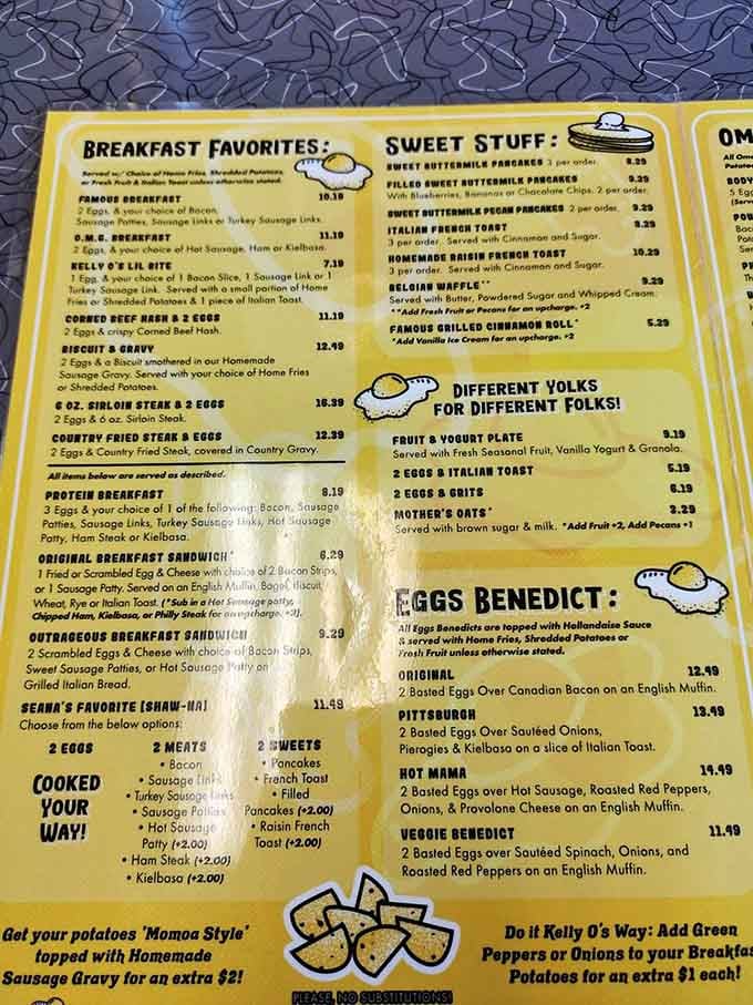 That yellow menu reads like the greatest hits album of American breakfast, and every track is a winner.