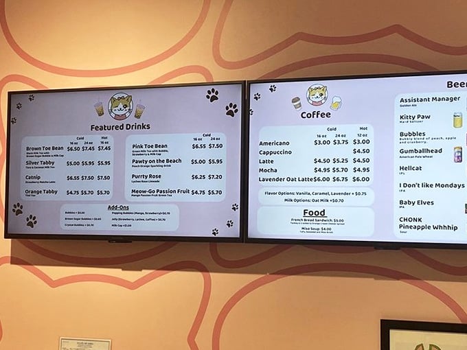 The menu features drinks with names like "I Don't Like Mondays" because even cats understand Garfield's wisdom.