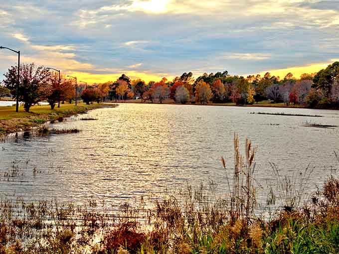 Lake Wallace at sunset transforms into nature's own light show, proving the best entertainment in town doesn't require a credit card.