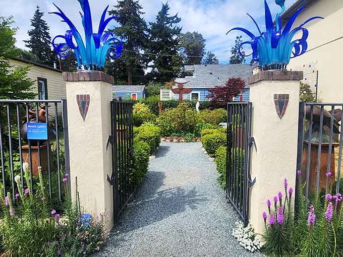 Rob Schouten Gallery's entrance welcomes you with blue glass sculptures that catch light like frozen fireworks overhead.