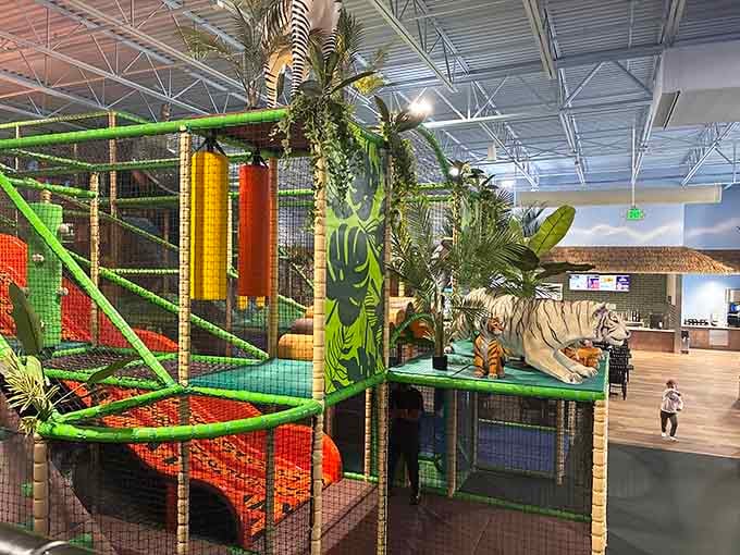 Palm trees and climbing structures create a tropical paradise where winter coats become a distant memory.