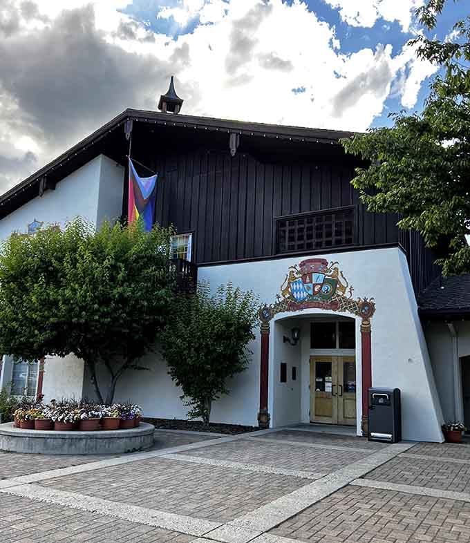 Even the library commits to the theme, proving that architectural dedication knows no bounds in this town.