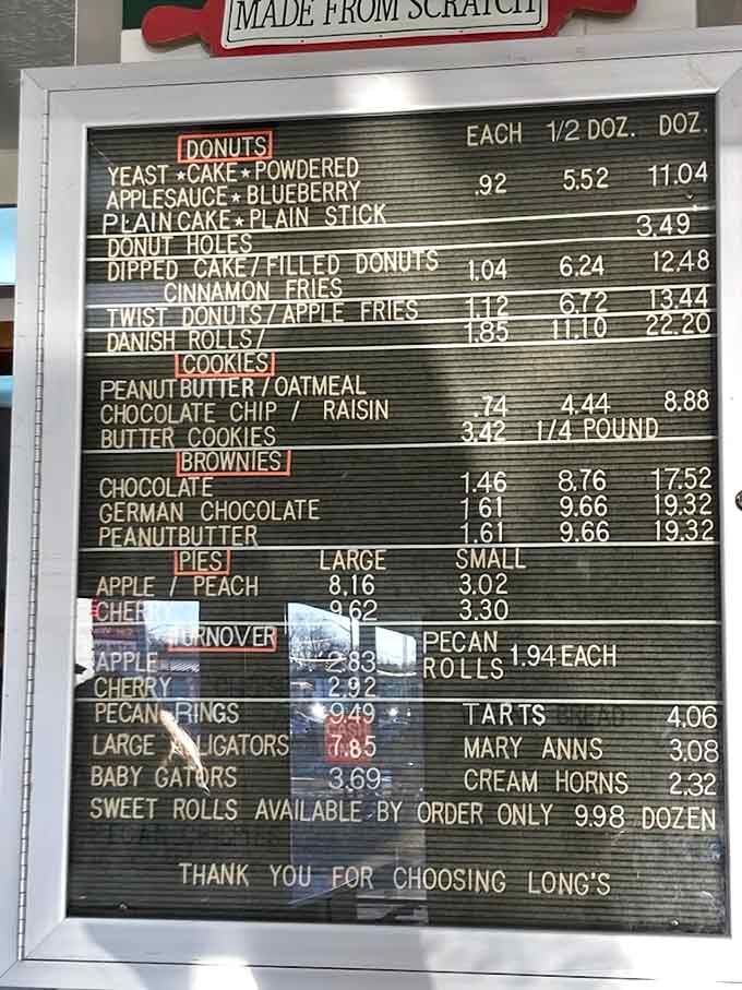 This menu board speaks the universal language of carbohydrate joy, from yeast donuts to baby gators and everything between.