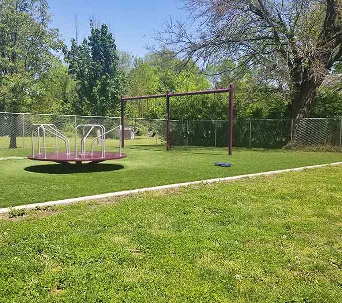 This playground merry-go-round waits patiently for the next generation of kids&mdash;or adventurous retirees with good health insurance.