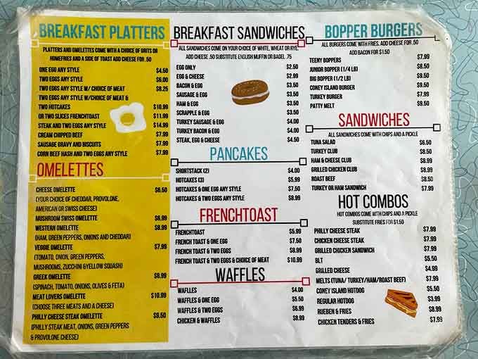 This menu is a greatest hits album of American comfort food, from fluffy pancakes to juicy burgers galore.