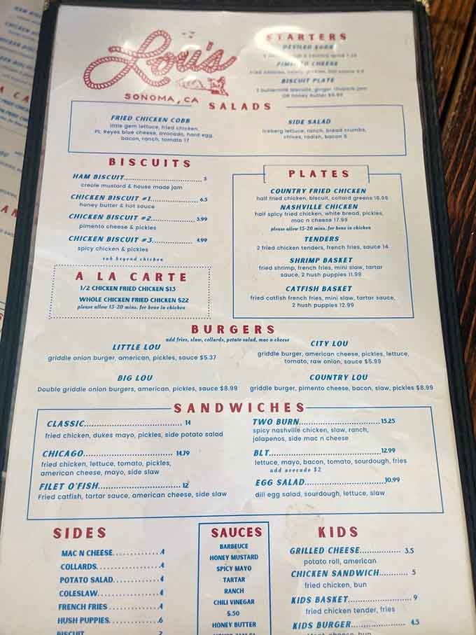 This menu reads like a love letter to Southern cooking, written in blue ink and sealed with delicious intentions.