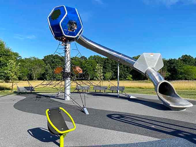 That spiral slide tower looks like something from a sci-fi movie, and kids absolutely lose their minds climbing up to it.