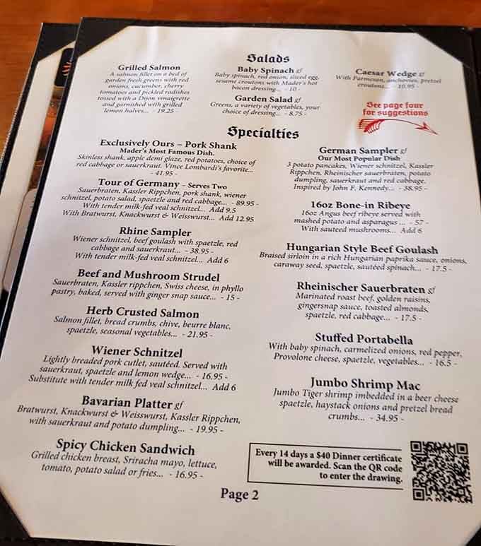 This menu reads like a love letter to German cuisine, featuring everything from sauerbraten to Hungarian goulash.