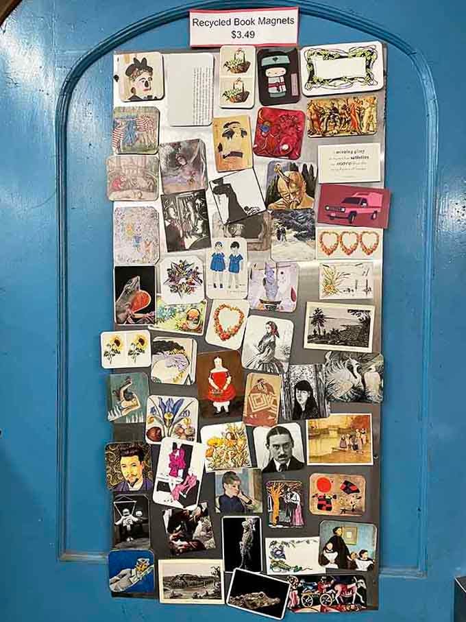 Recycled book magnets transform vintage illustrations into affordable art &ndash; your refrigerator deserves better than pizza coupons.