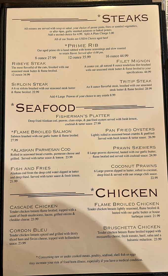 The menu reads like a love letter to carnivores, with prime rib taking center stage after 4 PM&mdash;timing is everything in romance and roast beef.