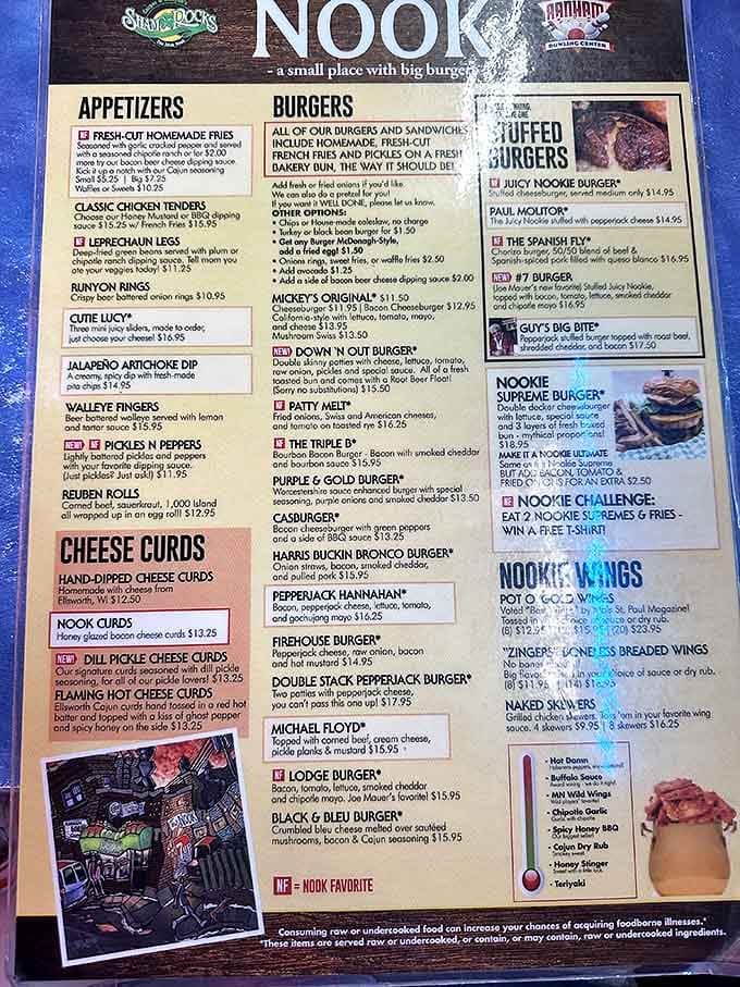 The menu at The Nook reads like a love letter to beef. Each burger creation more tempting than the last, with names honoring local legends.