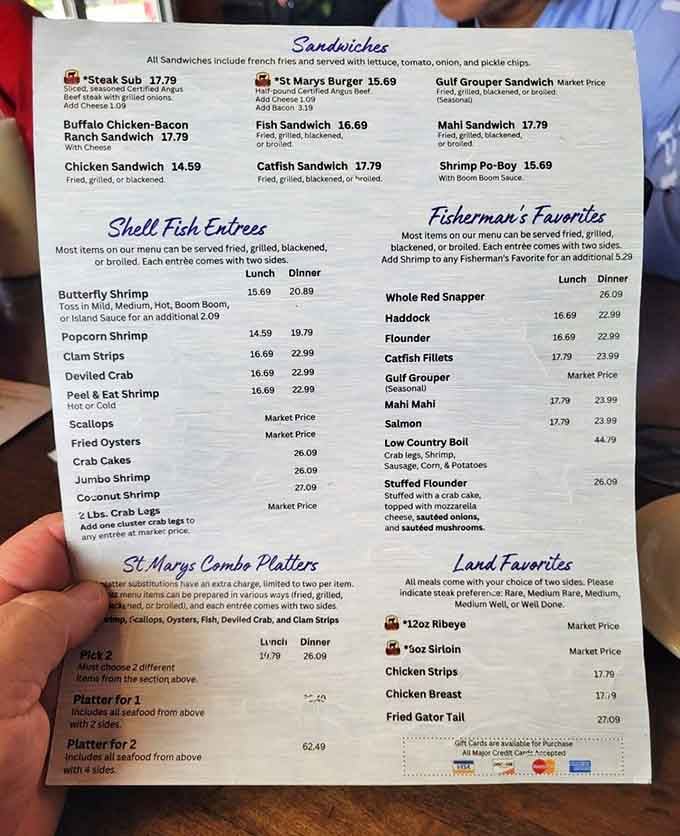 This menu isn't just a list&mdash;it's a maritime treasure map. From Butterfly Shrimp to Stuffed Flounder, each item promises a delicious adventure without requiring a captain's license.